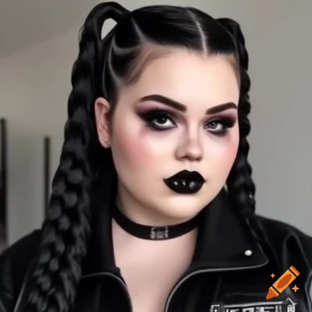 Plus sized goth girl with black lipstick and long braid in black straitjacket on Craiyon