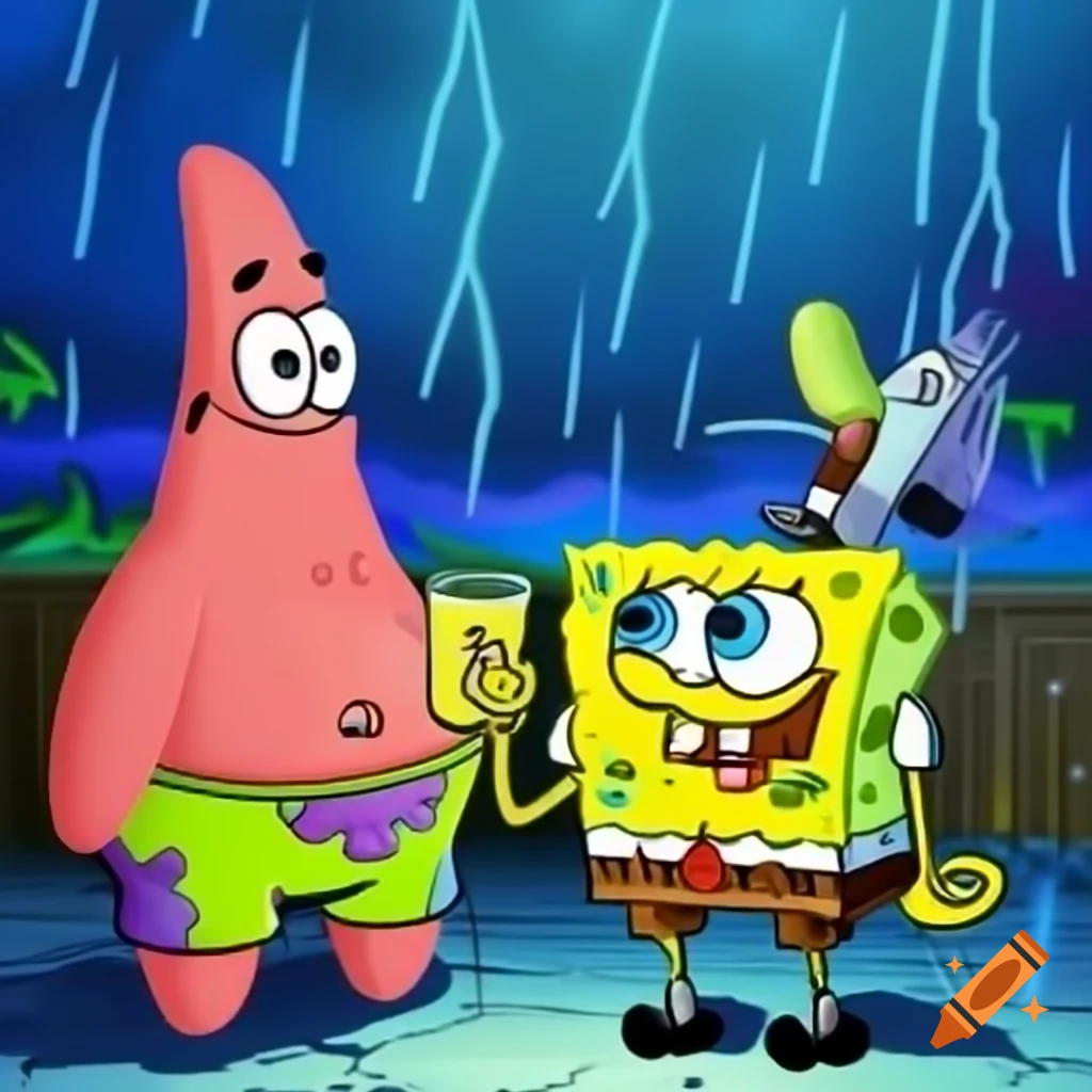 SpongeBob and Patrick enjoying juice with a rainy background, 1080p ...