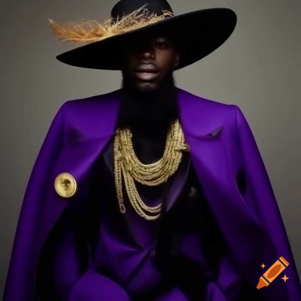 Black man in purple pimp suit with feathered hat and gold chains on Craiyon
