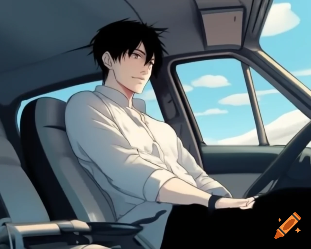 Handsome man with black hair in driver's seat of car, manga style on ...