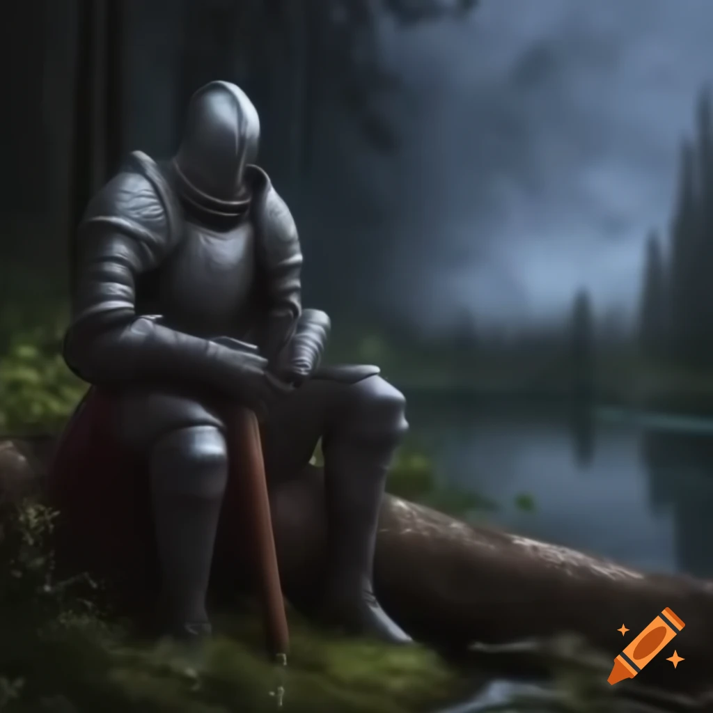 Exhausted knight resting near log by lake in forest during blizzard ...
