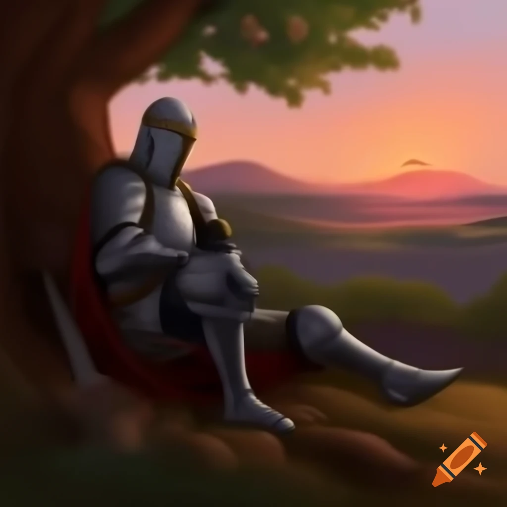 Knight resting under a tree during sunset on Craiyon