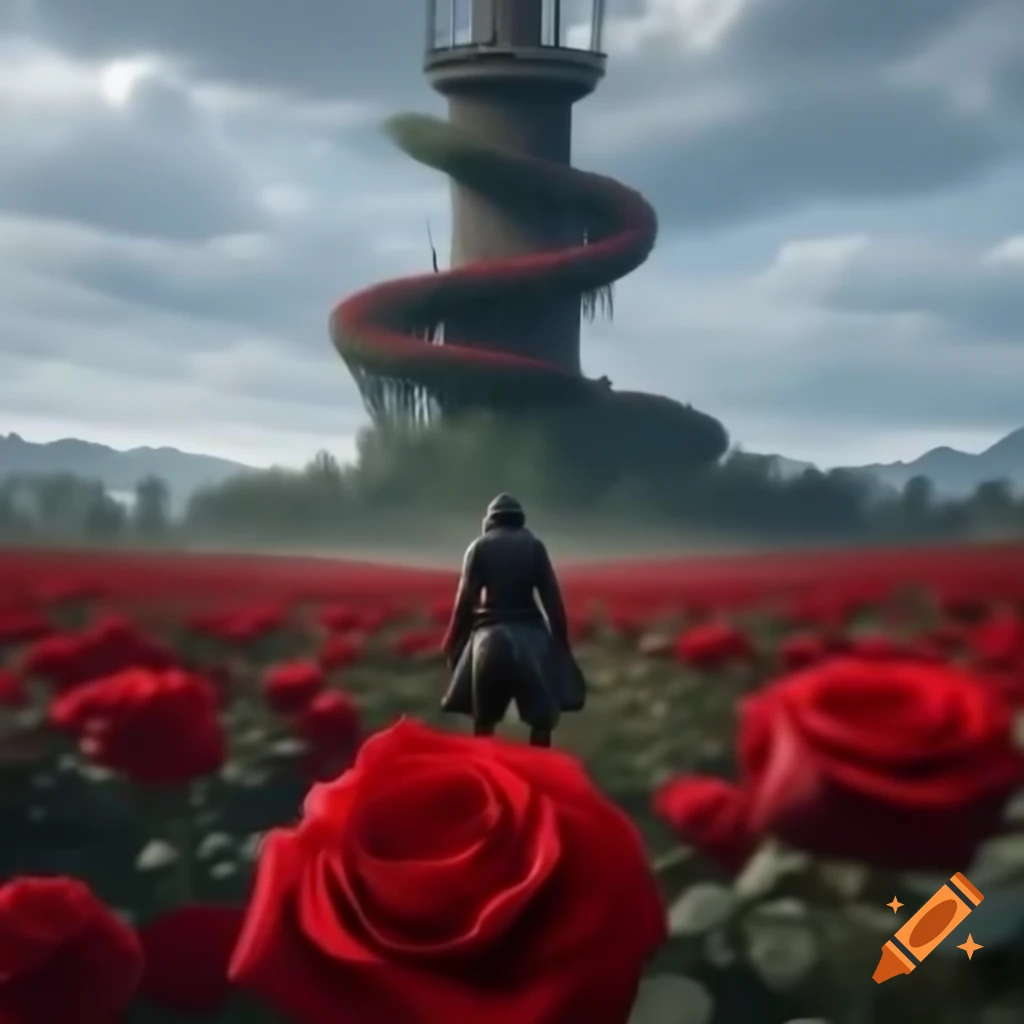 Gunslinger in a field of red roses gazing at spiraling black tower on ...