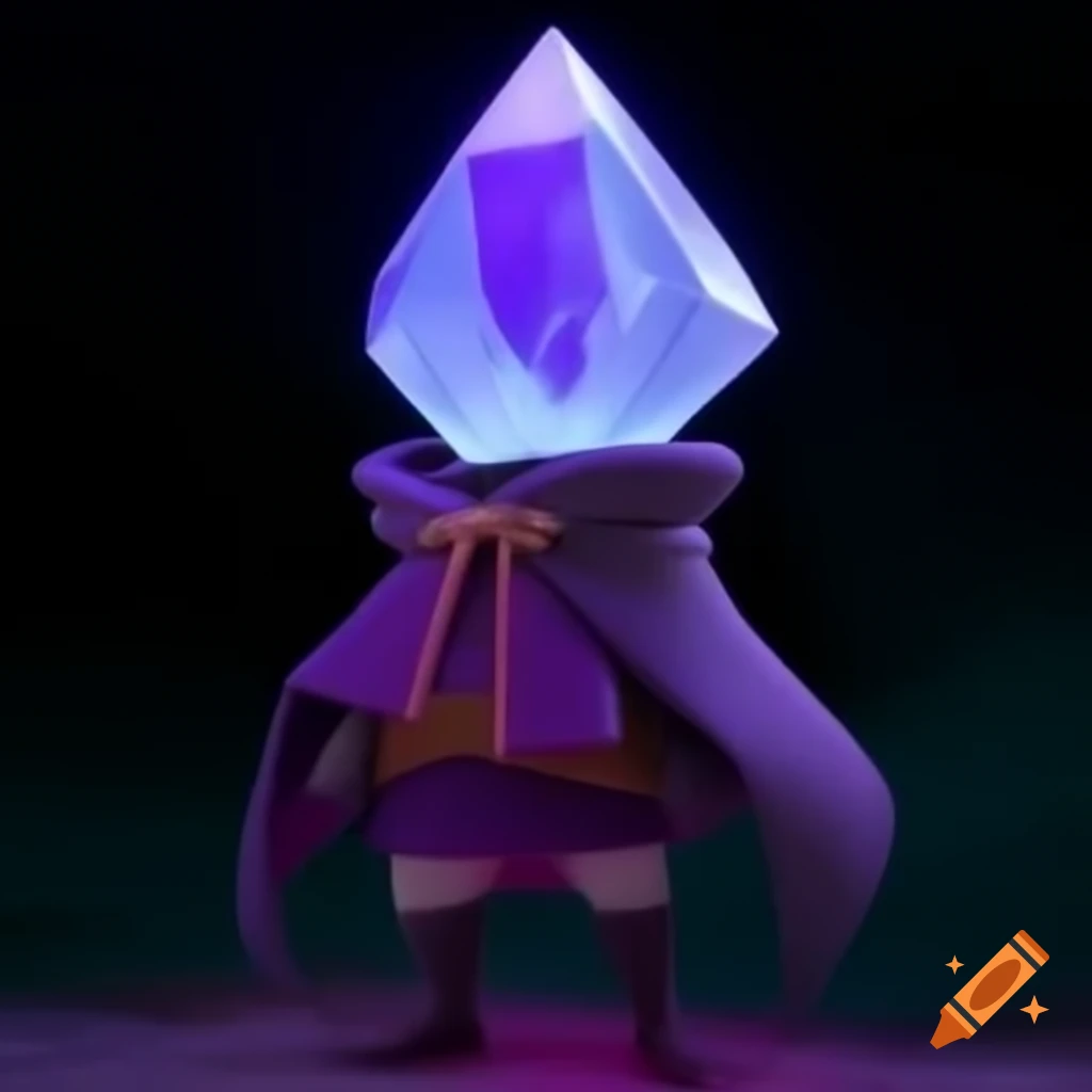 Character with crystal body and rectangular head in purple cloak on Craiyon