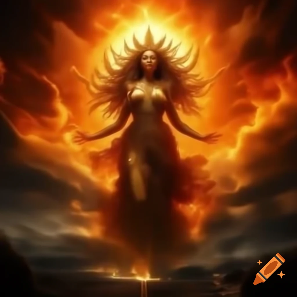 Sun goddess figure with fire and sun symbolism, representing beauty and diversity on Craiyon