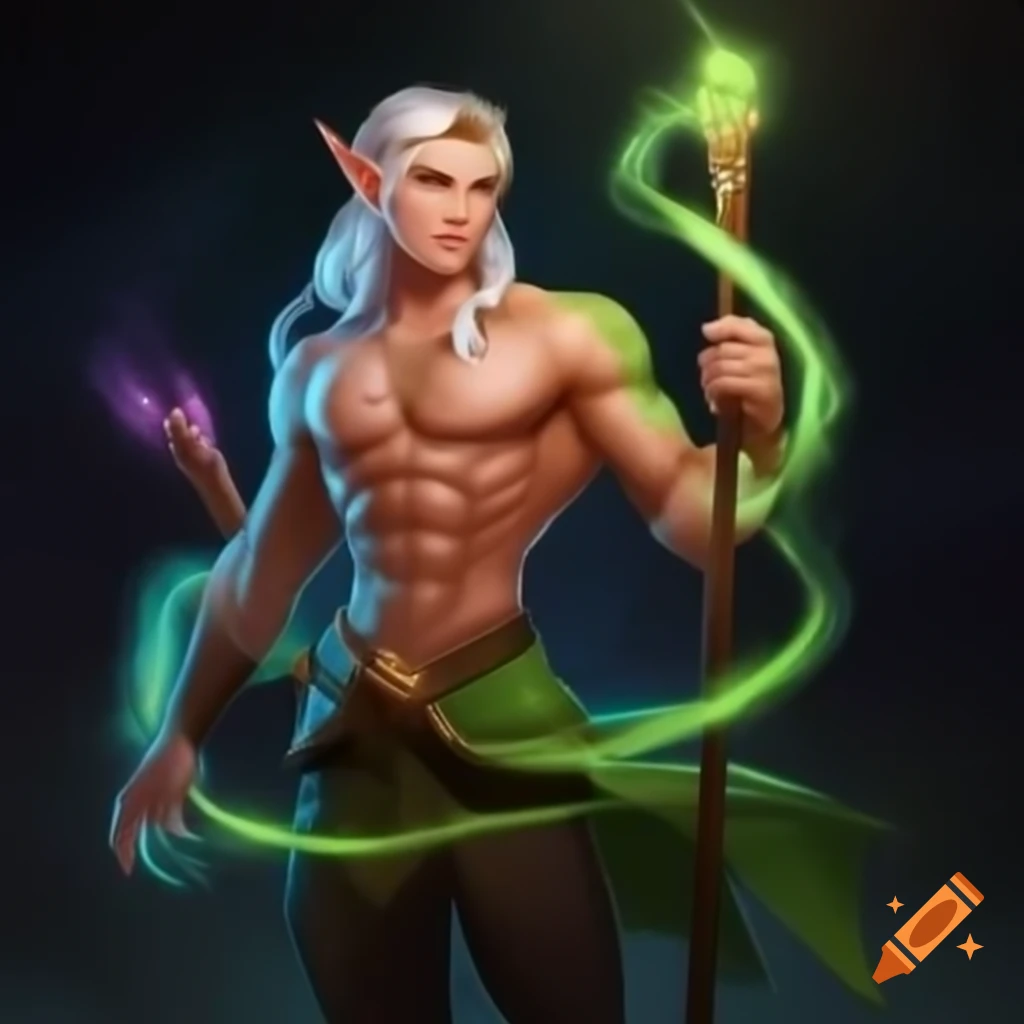 Male elf warrior bodybuilder with magical staff and blond hair on Craiyon