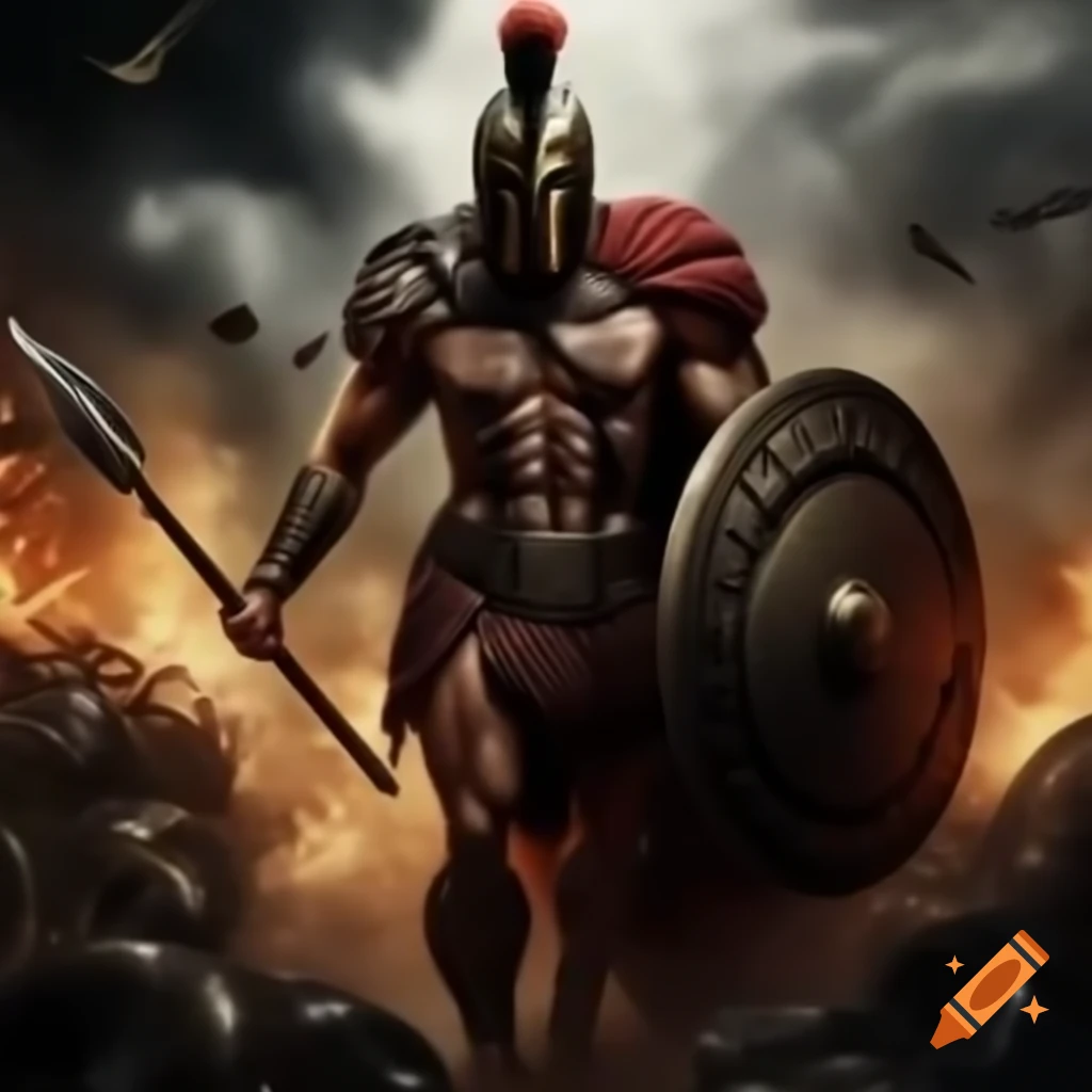Spartan warrior amidst chaos, shrouded in smoke with roaring flames on ...