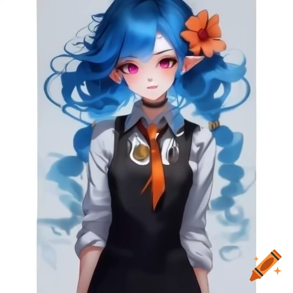 Anime girl druid with flower hair, tattered shirt, suspenders, and pink ...