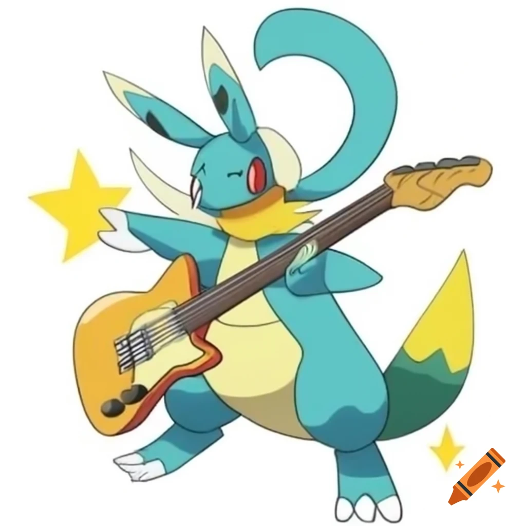 Pokemon character in heavy metal style playing guitar on Craiyon