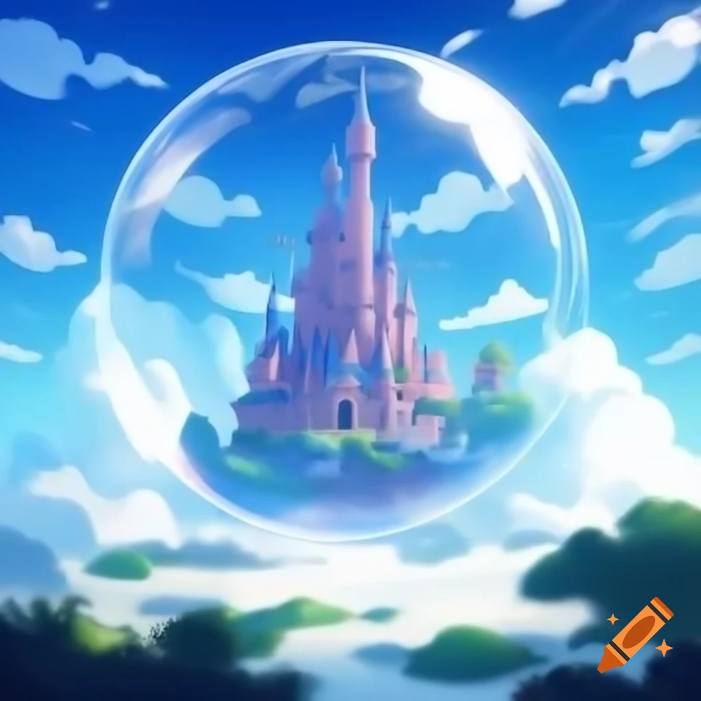 Big soap bubble with silhouette of fairy-tale castle against bright sky ...