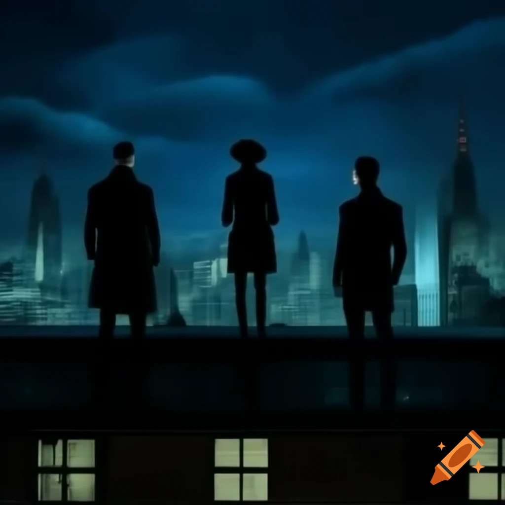 Silhouetted figures on Gotham City rooftop at night observing ...