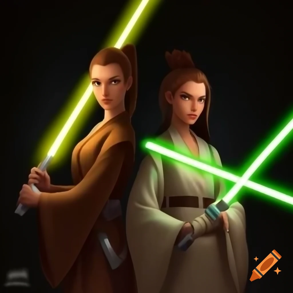 Two women in Jedi robes with yellow and green lightsabers on Craiyon
