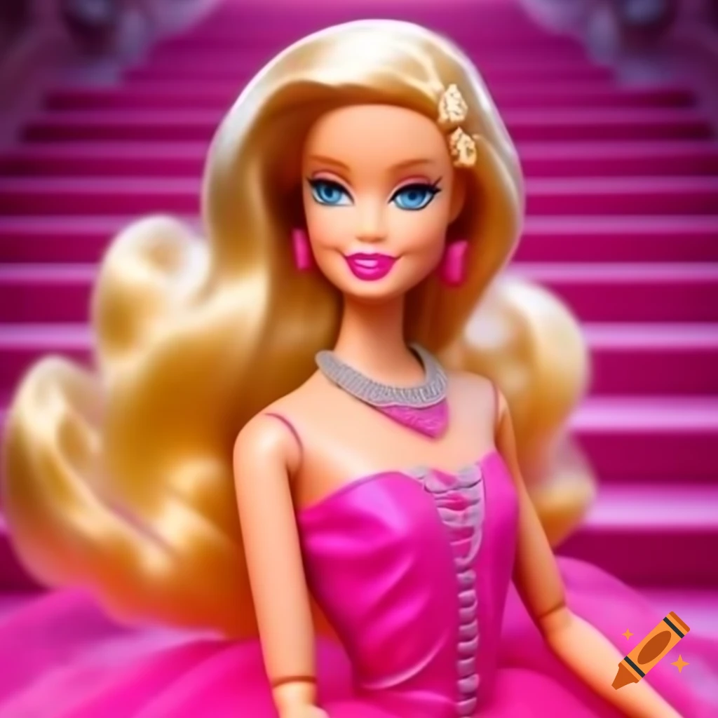 Barbie character with blonde hair in multi-layered pink dress on French ...