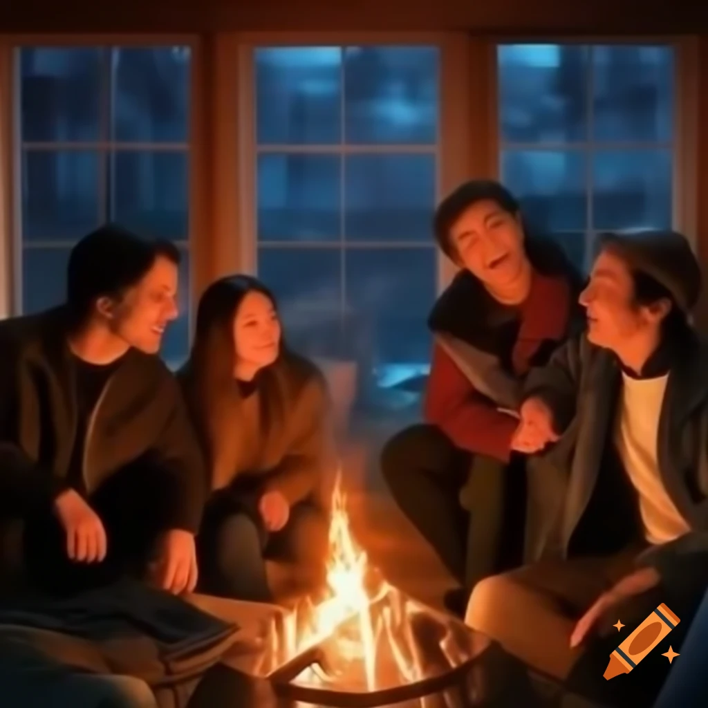 Friends laughing around a warm fire with winter evening backdrop on Craiyon