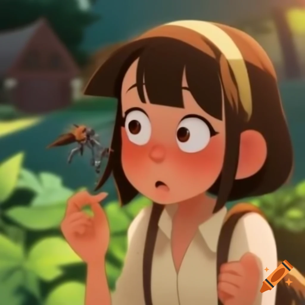 Surprised girl entomologist talking to mosquito in garden on Craiyon