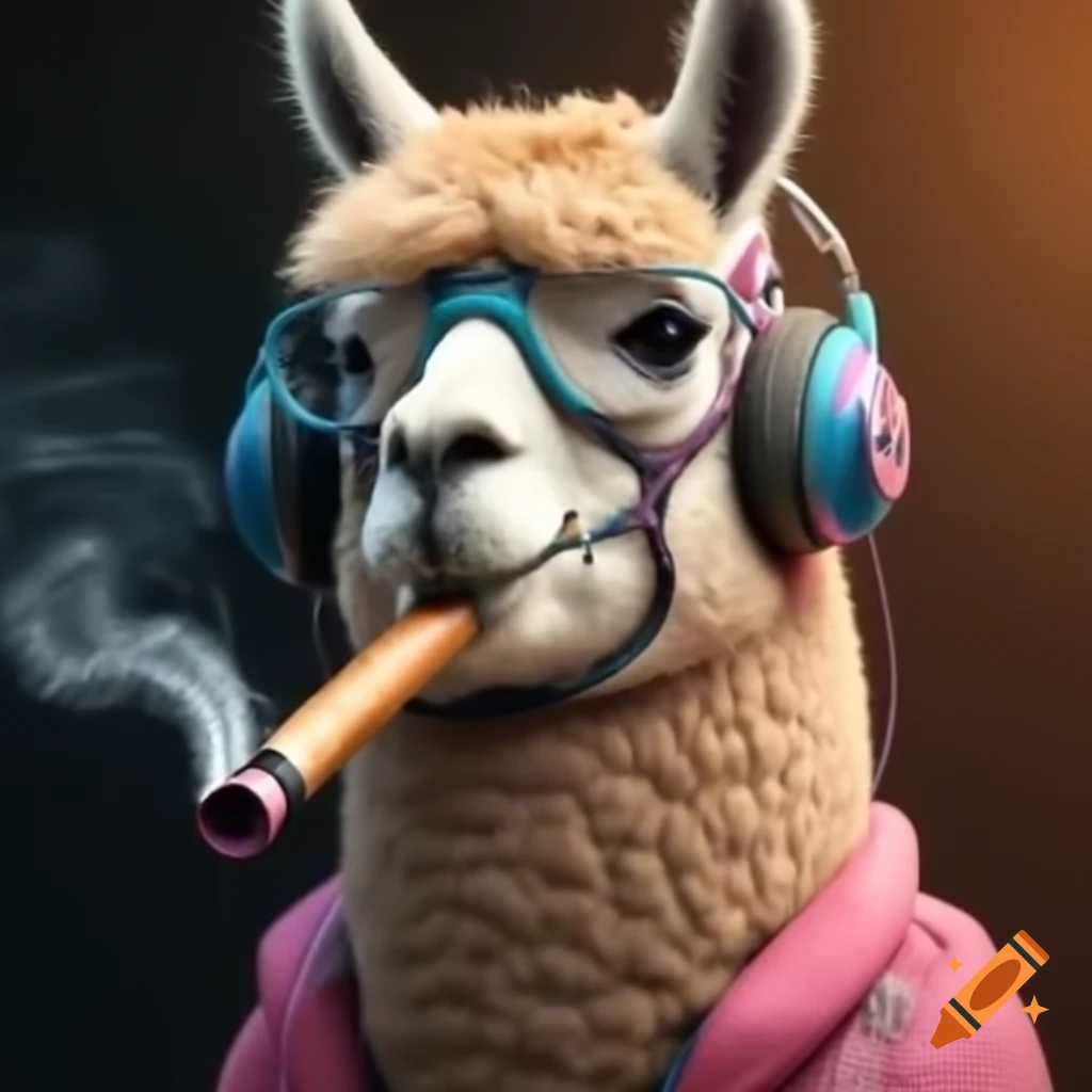 Realistic llama smoking a pipe, wearing pink headphones on Craiyon