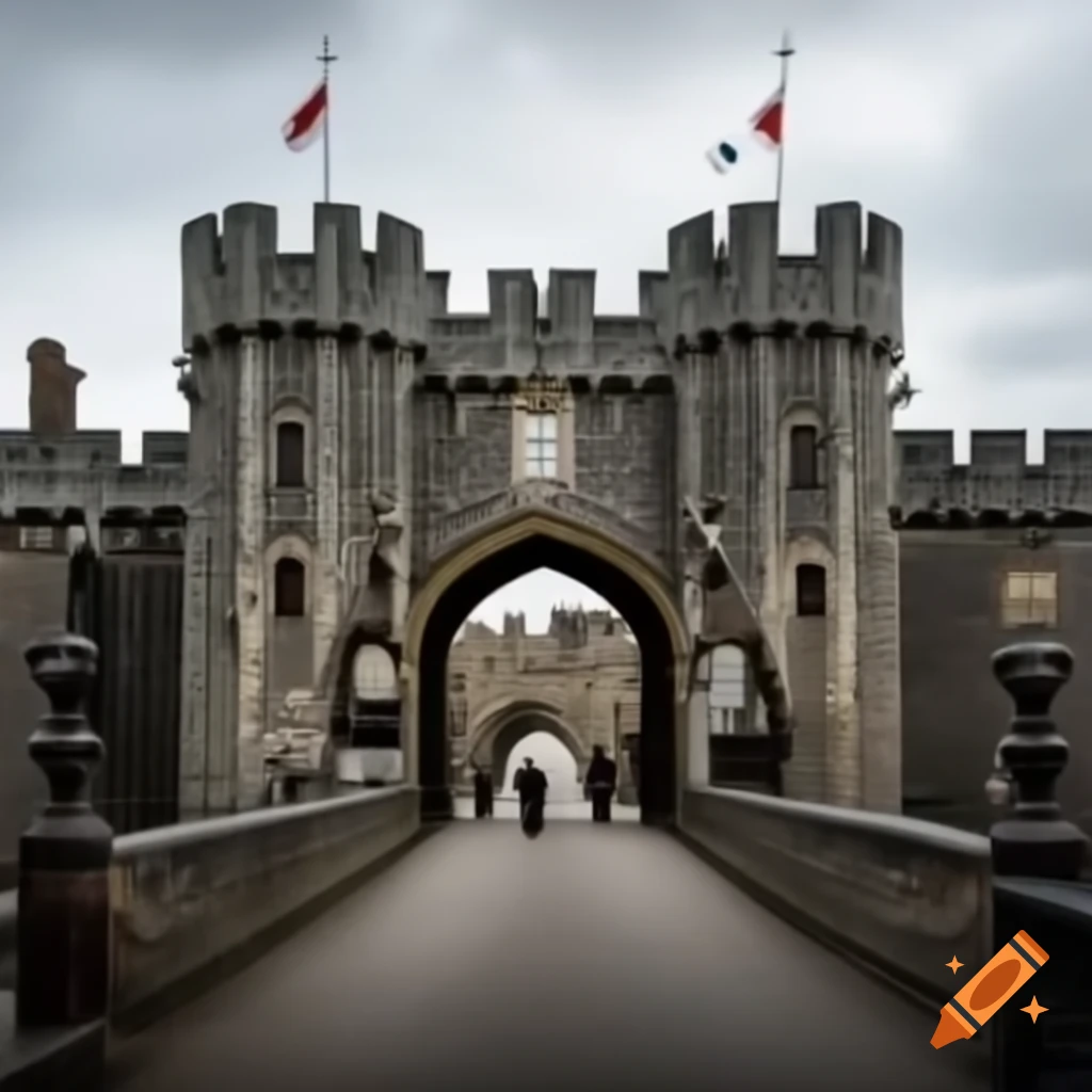 Medieval castle gate with drawbridge, portcullis, and armed guards on ...