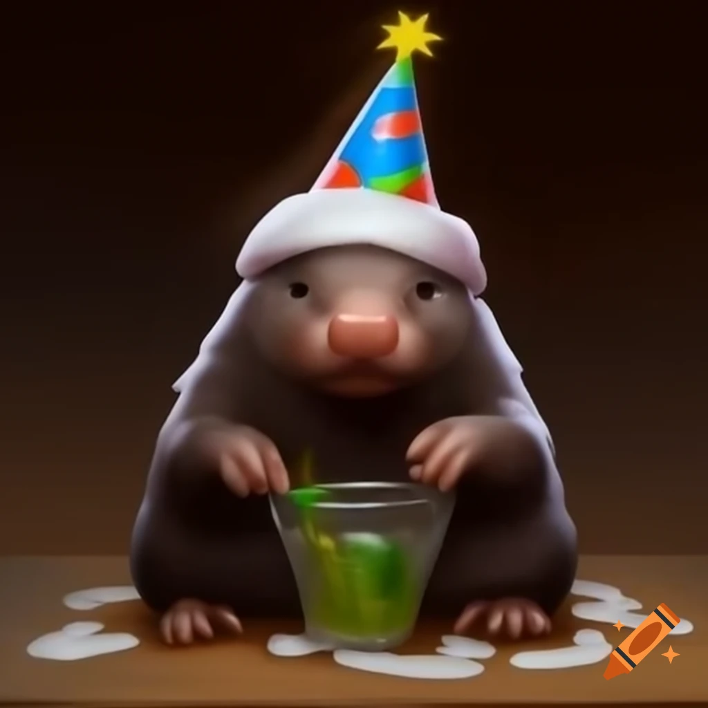 Mole in birthday hat stirring bubbling concoction in beaker on Craiyon
