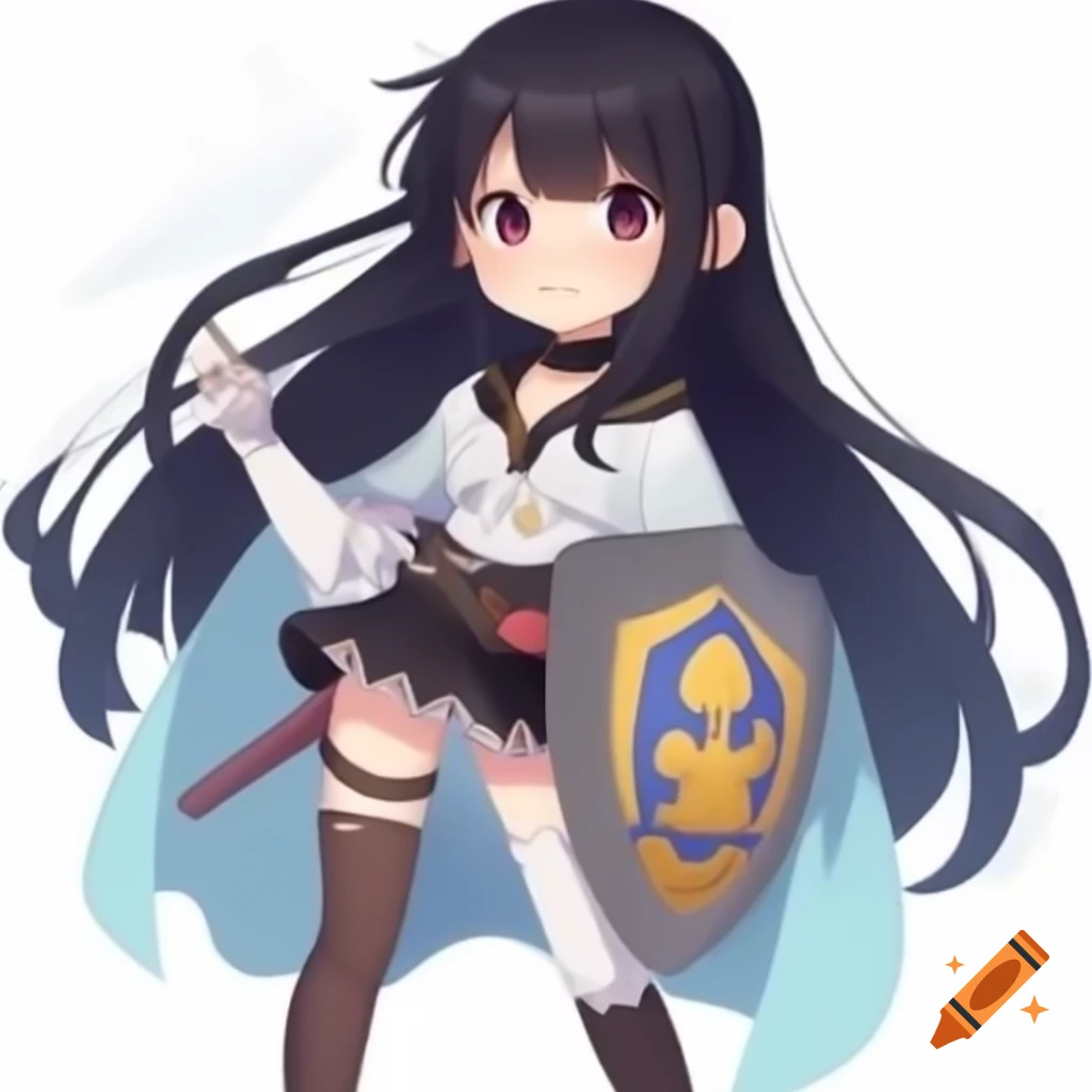 Chibi anime young woman with long black hair holding sword and shield ...