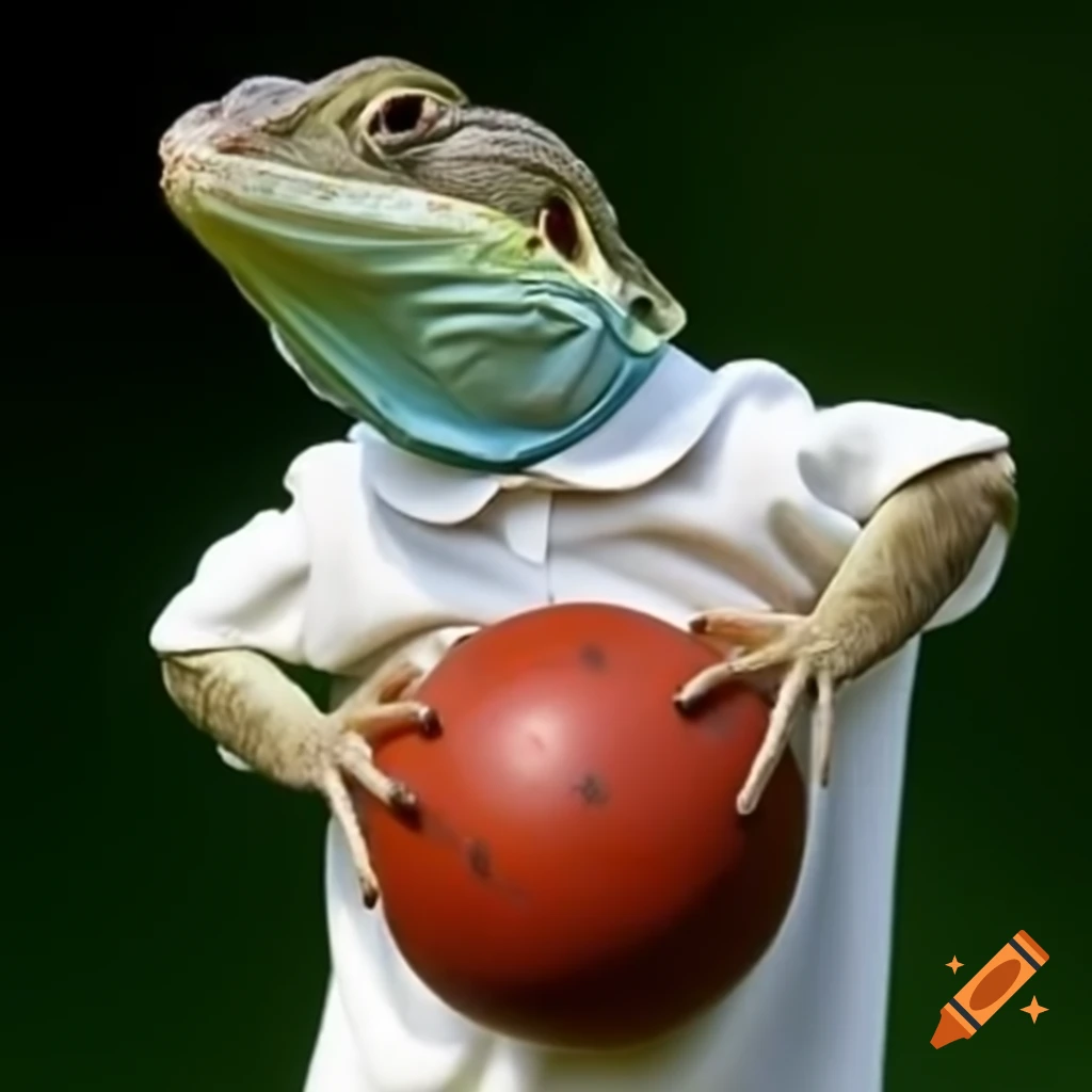 Anthropomorphic lizard in white shirt playing ball on Craiyon