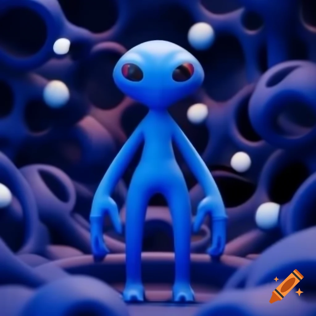 Blue humanoid alien in multicolored hyperbolic environment, 3D ...