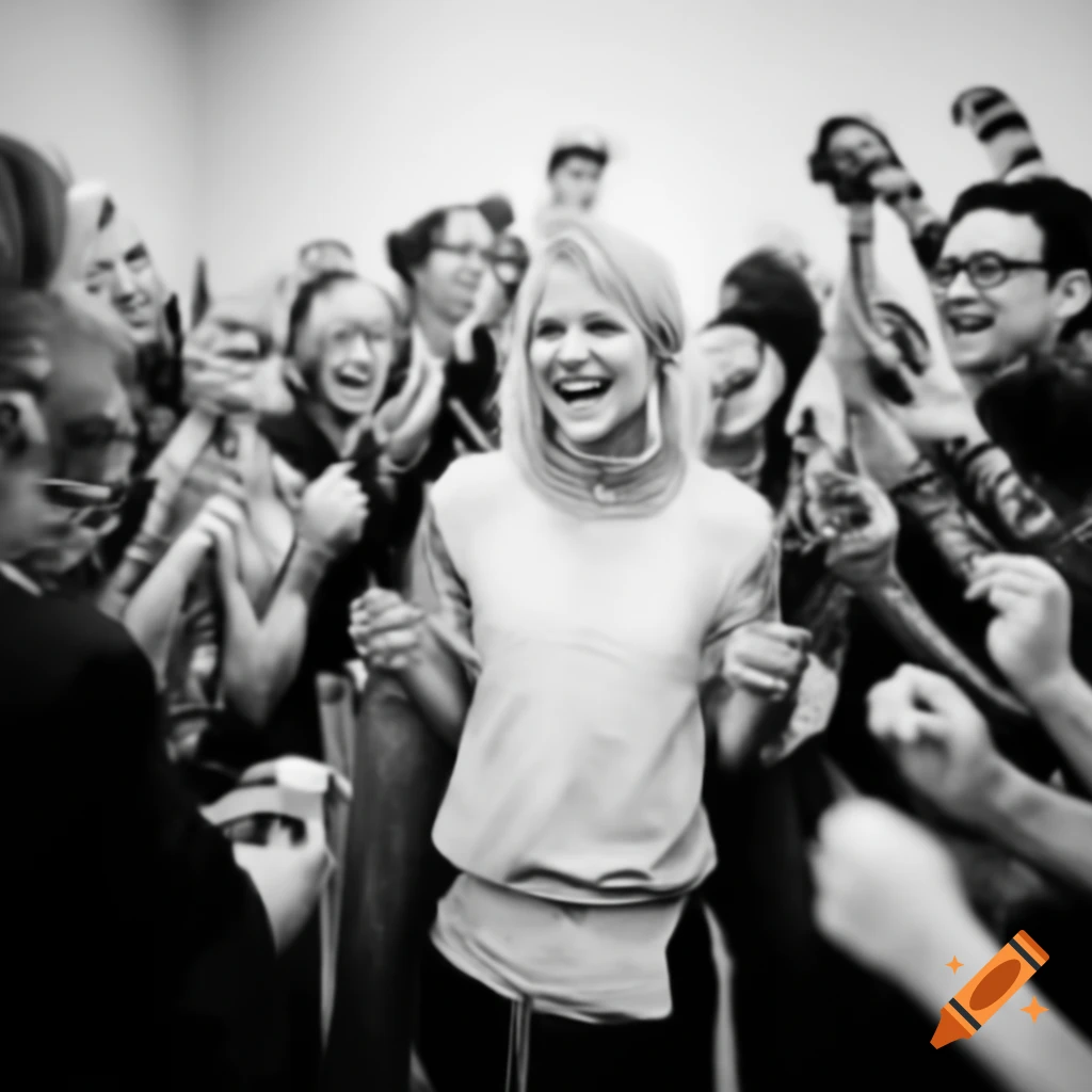 Blonde artist with large bumblebee drawing at gallery exhibit ...