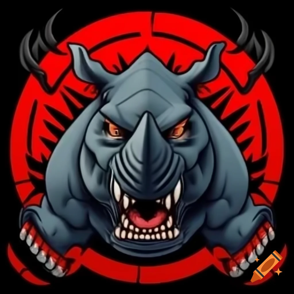 Stylized fierce cartoon rhinoceros with muscular build and menacing ...