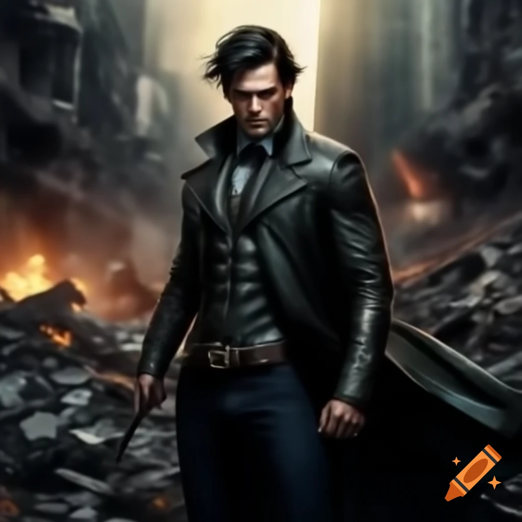 Young apocalypse superhero with dark hair posing on city rubble on Craiyon