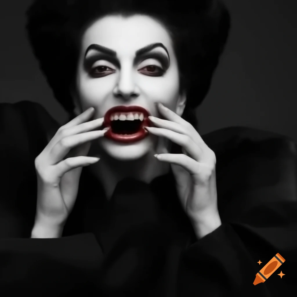 Italian singer Dolcenera with porcelain skin, red eyes, in a black ...