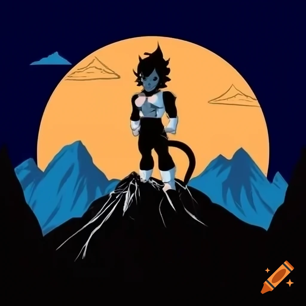 80's style rock album cover featuring vegeta on mountain at sunset on ...