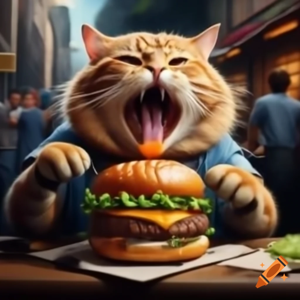 Orange cat eating burger in t-shirt with crowded street and vendors on ...
