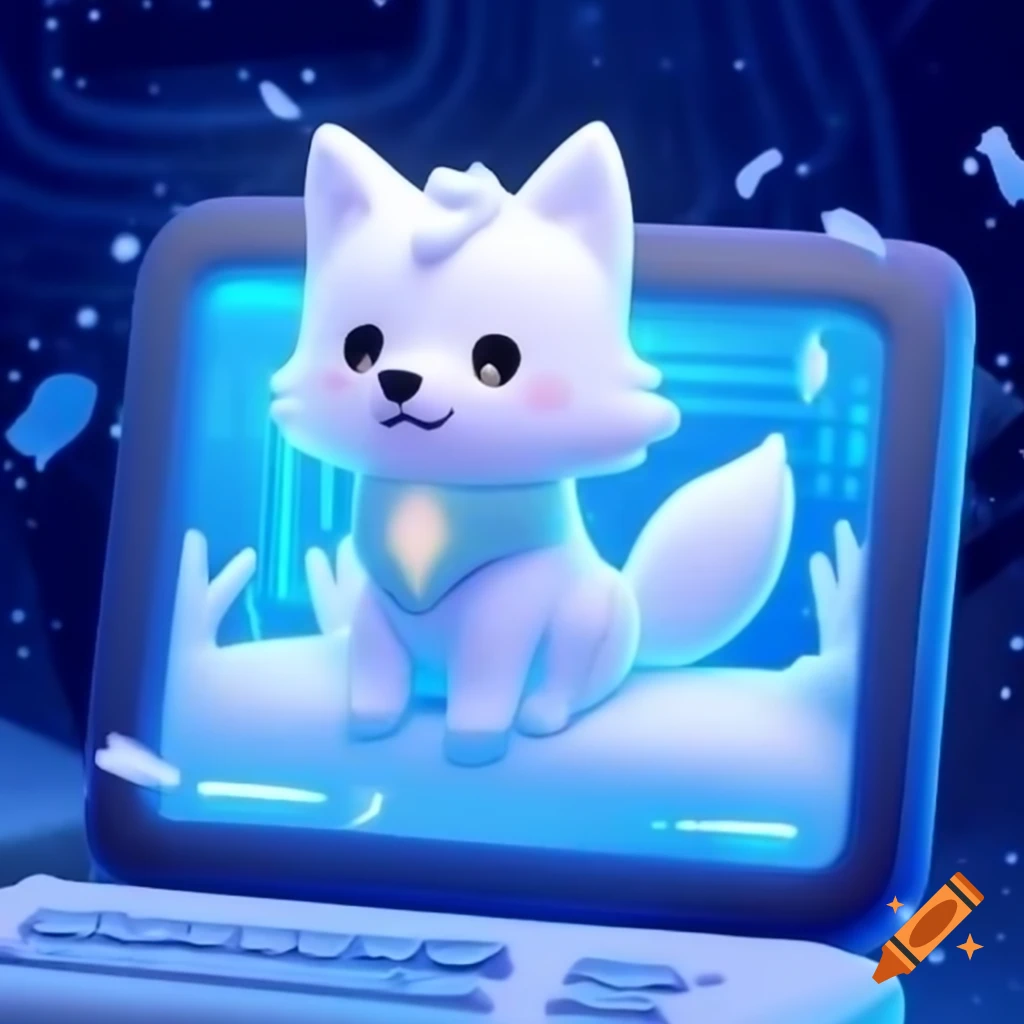 Pixilated digital white wolf with blue stripes sitting in computer ...