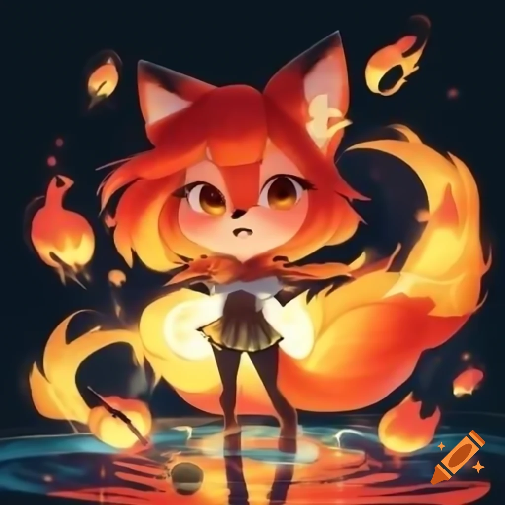 Anime fox girl inspired by fire and water themes with bubbles and steam ...