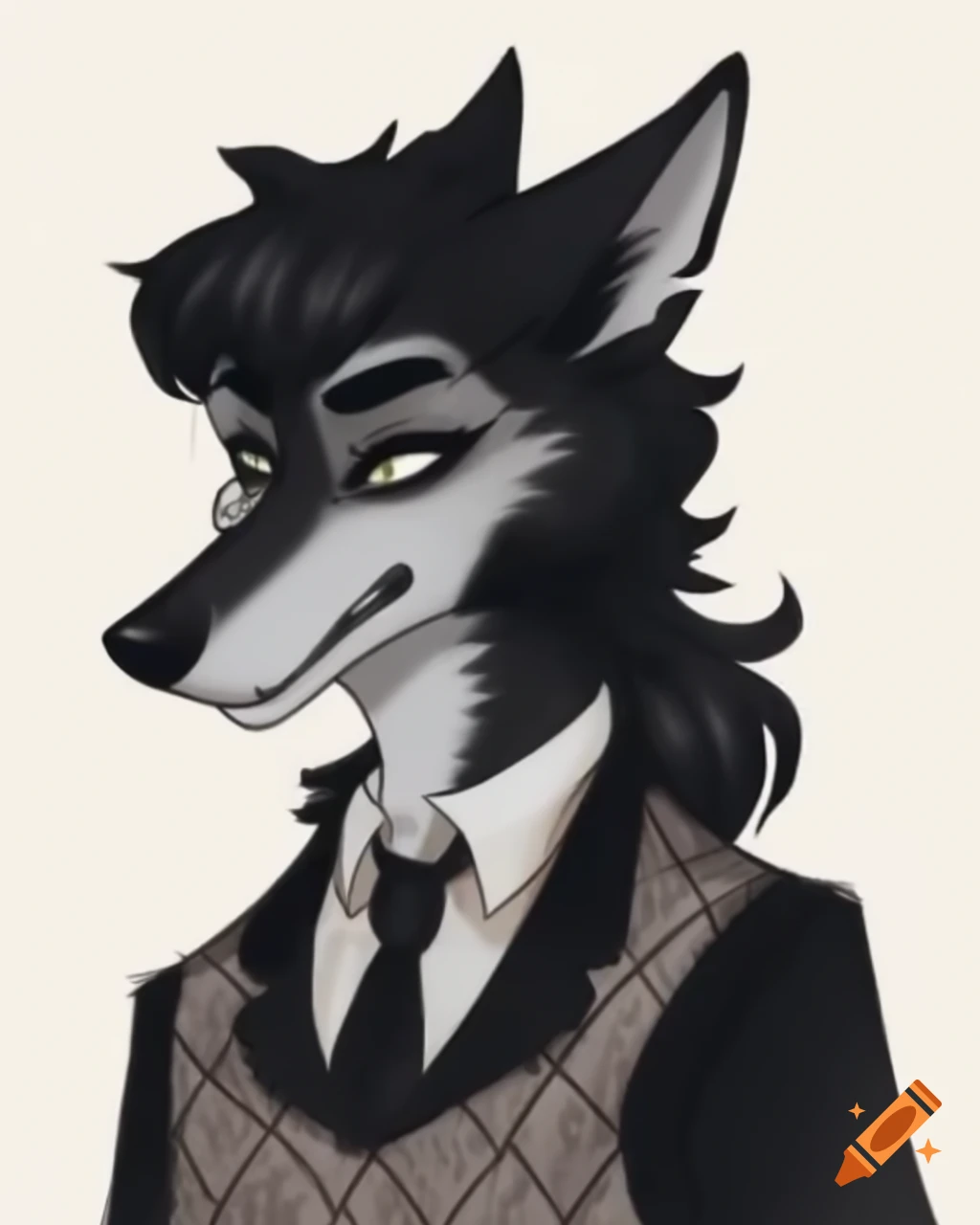 Anthropomorphic black wolf in formal attire with white fur pattern on ...