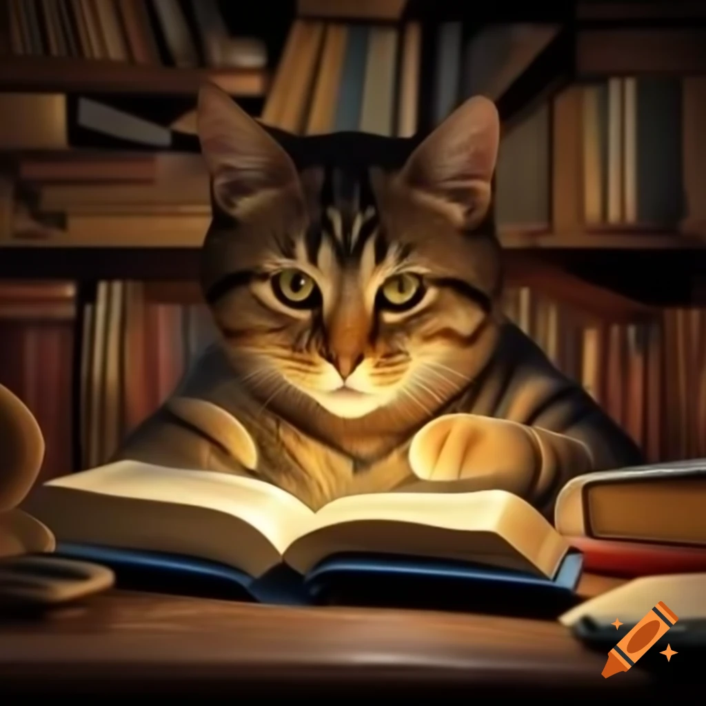 Cat reading a book, whimsical illustration on Craiyon