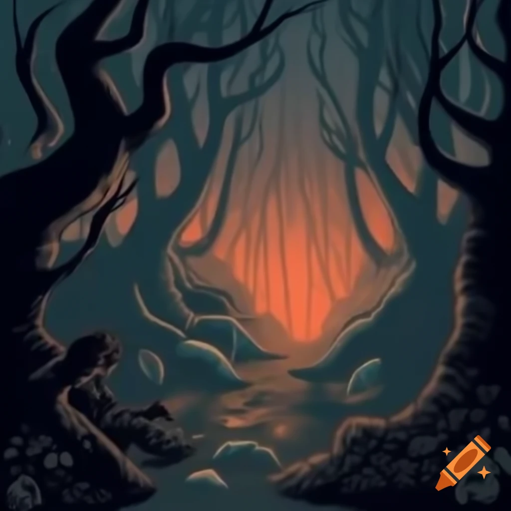 Creepy forest scene with dense trees and shadows on Craiyon