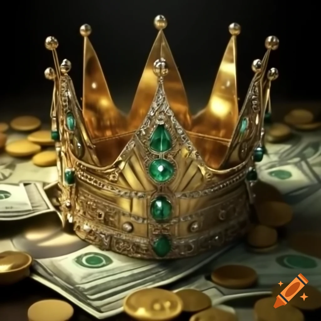 Shiny golden crown with gems surrounded by piles of money and coins on ...