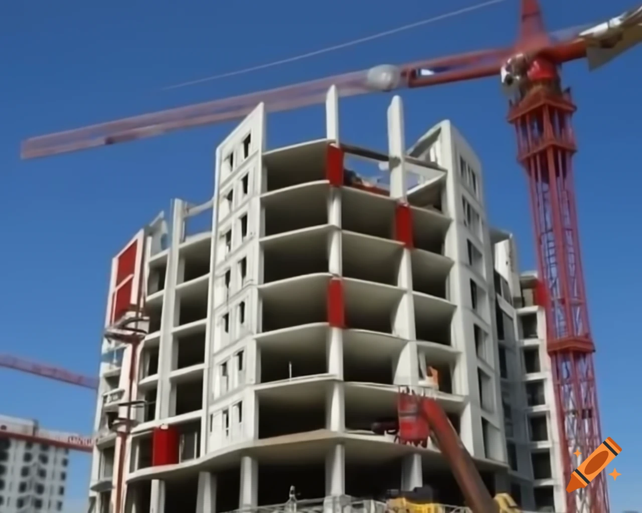 Sunny construction site with cranes, trucks, and surveyors on Craiyon