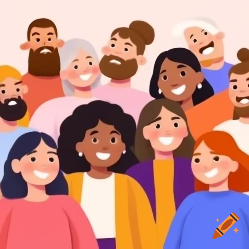 Animated group of smiling people in a friendly gathering on Craiyon