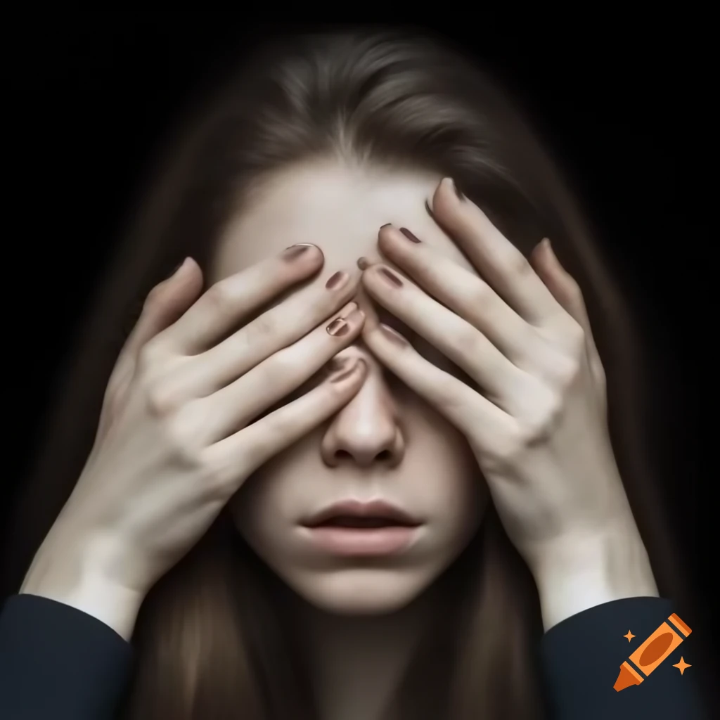 Woman hiding face with hands, detailed representation of hands on Craiyon