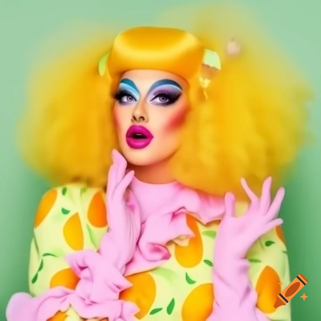 Vibrant citrus-themed dress design for drag queen Lulu Lemonade on Craiyon