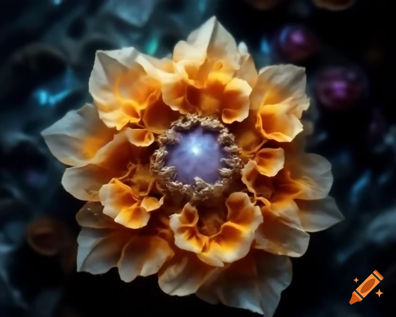 Intricate details of Lady Palutena's celestial form with shimmering petals on Craiyon