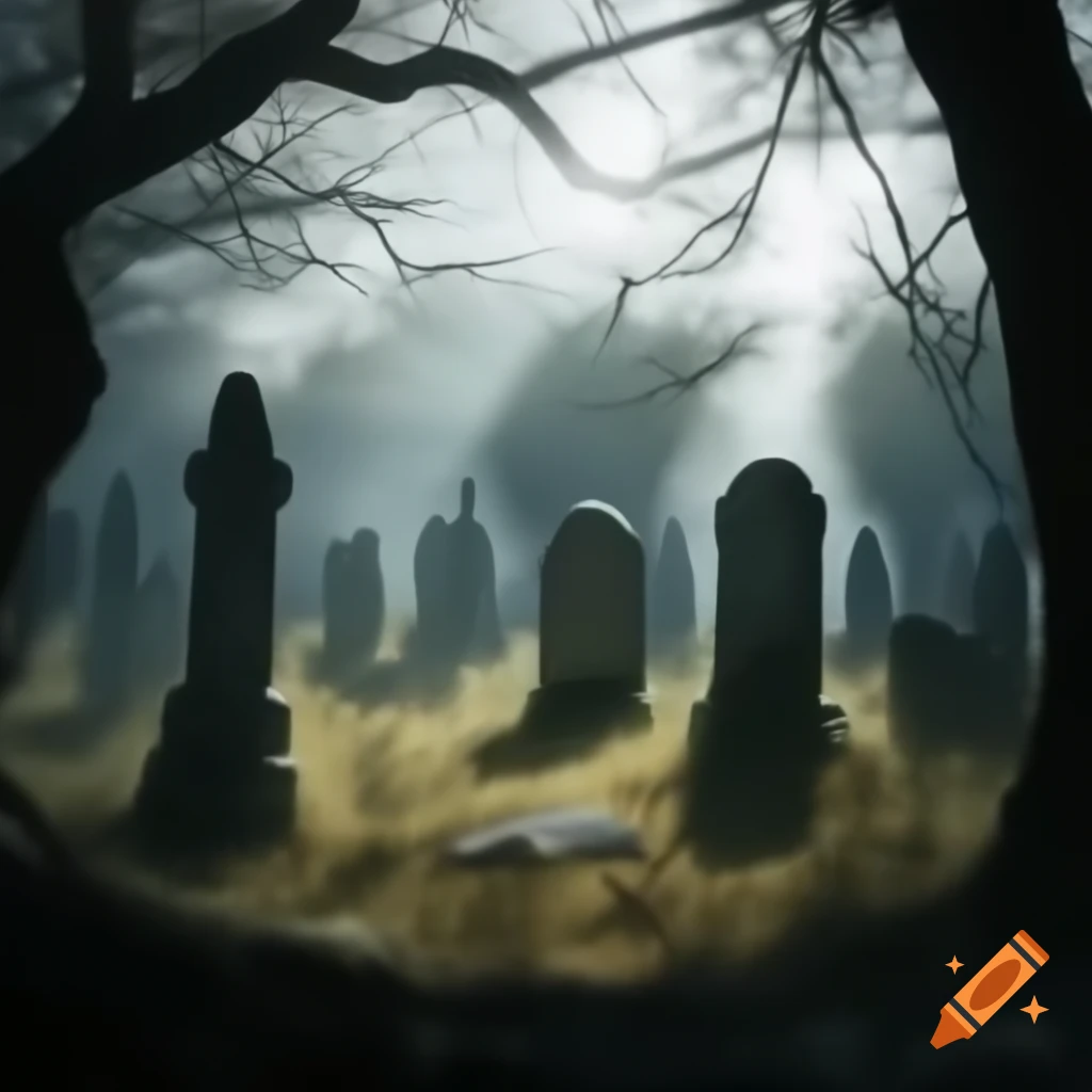 Ancient cemetery with sunlight and graffiti on headstone on Craiyon