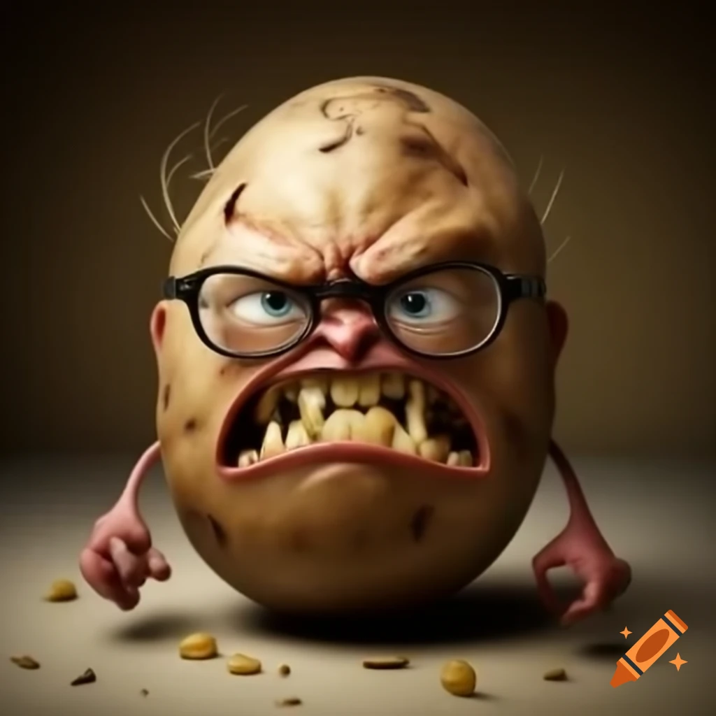 Realistic angry potato with yellow broken teeth and glasses on Craiyon