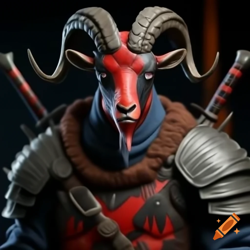 Ultra realistic anthropomorphic goat in armor with Deadpool colors in ...