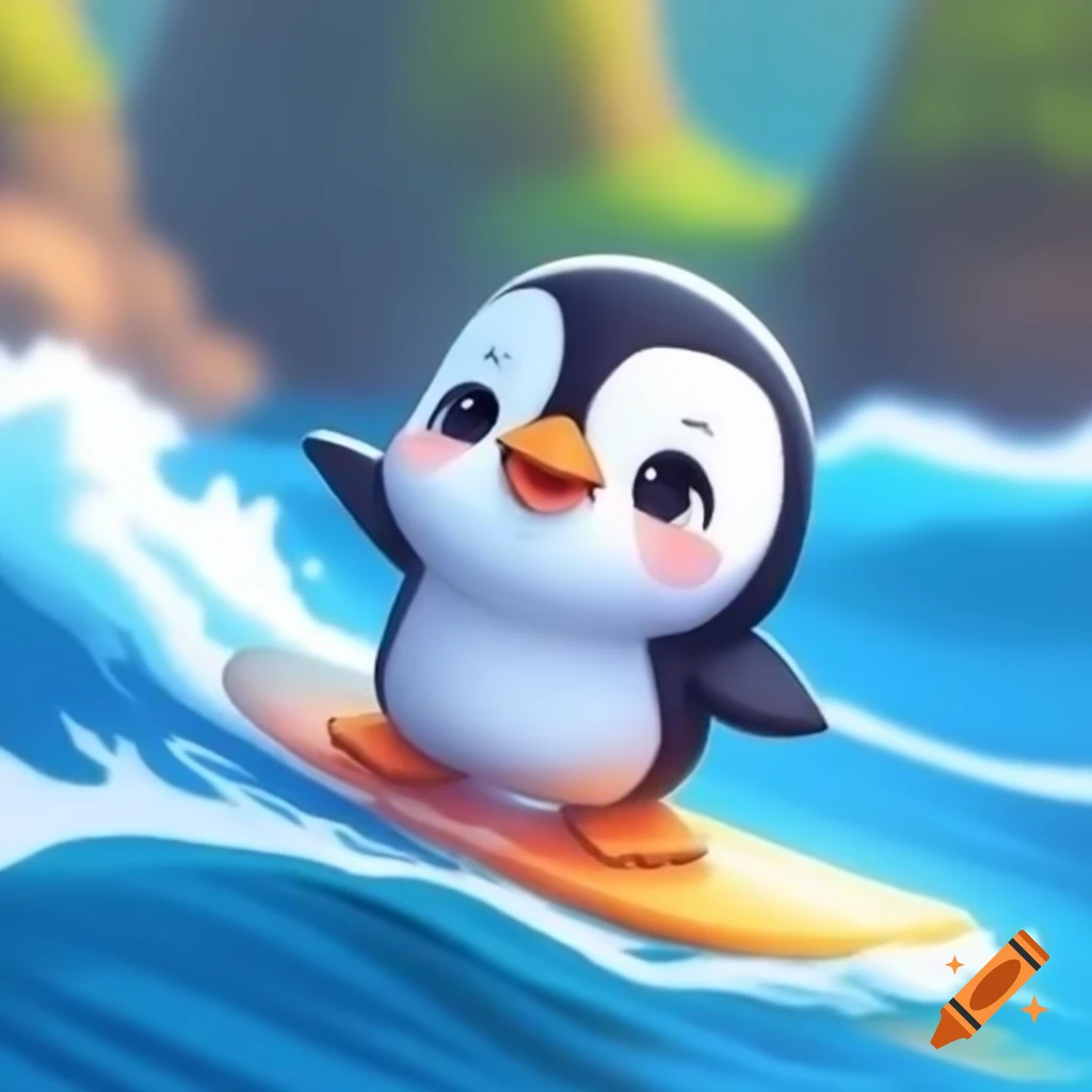 Cute chibi penguin surfing on Craiyon