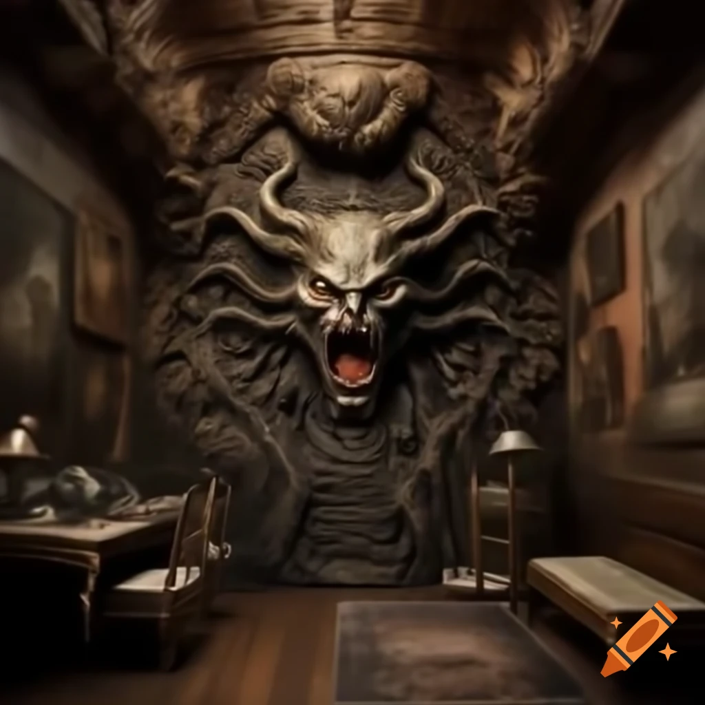 Realistic scary house interior with large room featuring demonic drawings on walls on Craiyon