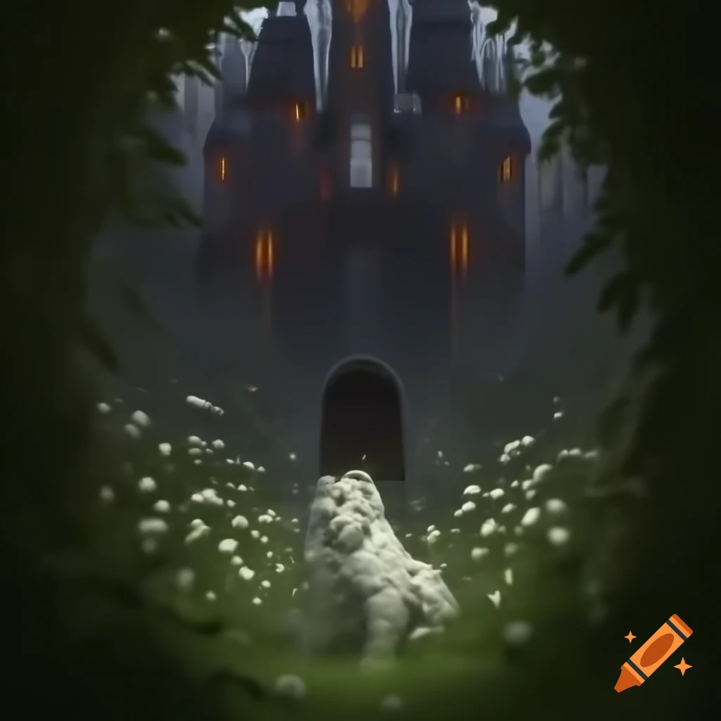 Castle in dark forest guarded by white tiger on Craiyon