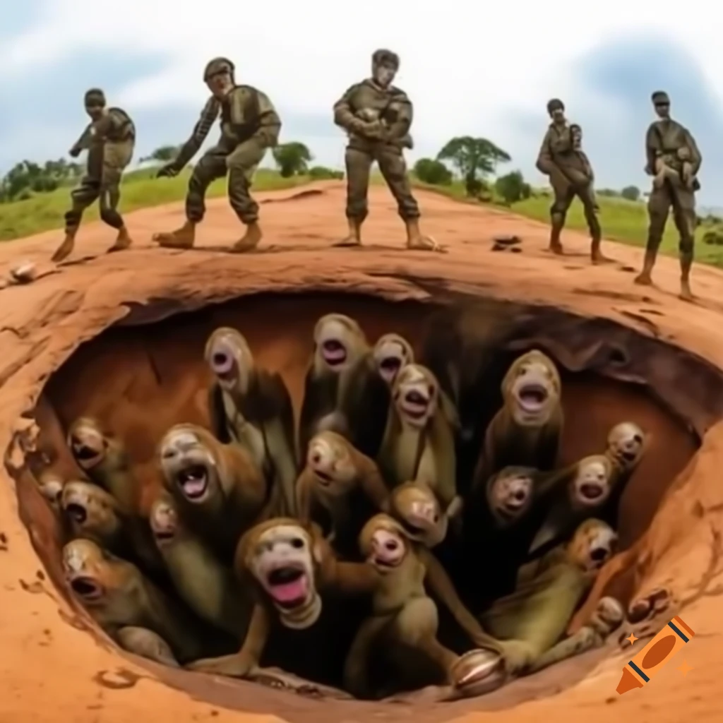 Army of monkeys with teeth emerging from sinkhole in rural town road on ...