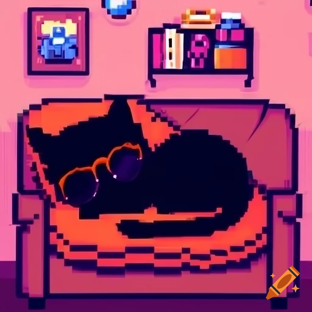 Cartoon pixel art of black cat with sunglasses sleeping on couch on Craiyon